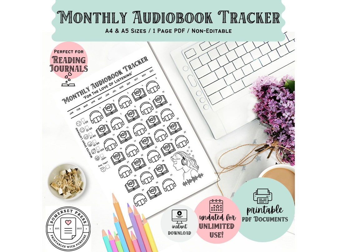 Audiobook Tracker Printable Book Log Reading Journal Habit Tracker ...
