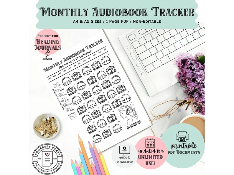 Audiobook Tracker Printable Book Log Reading Journal Habit Tracker ...