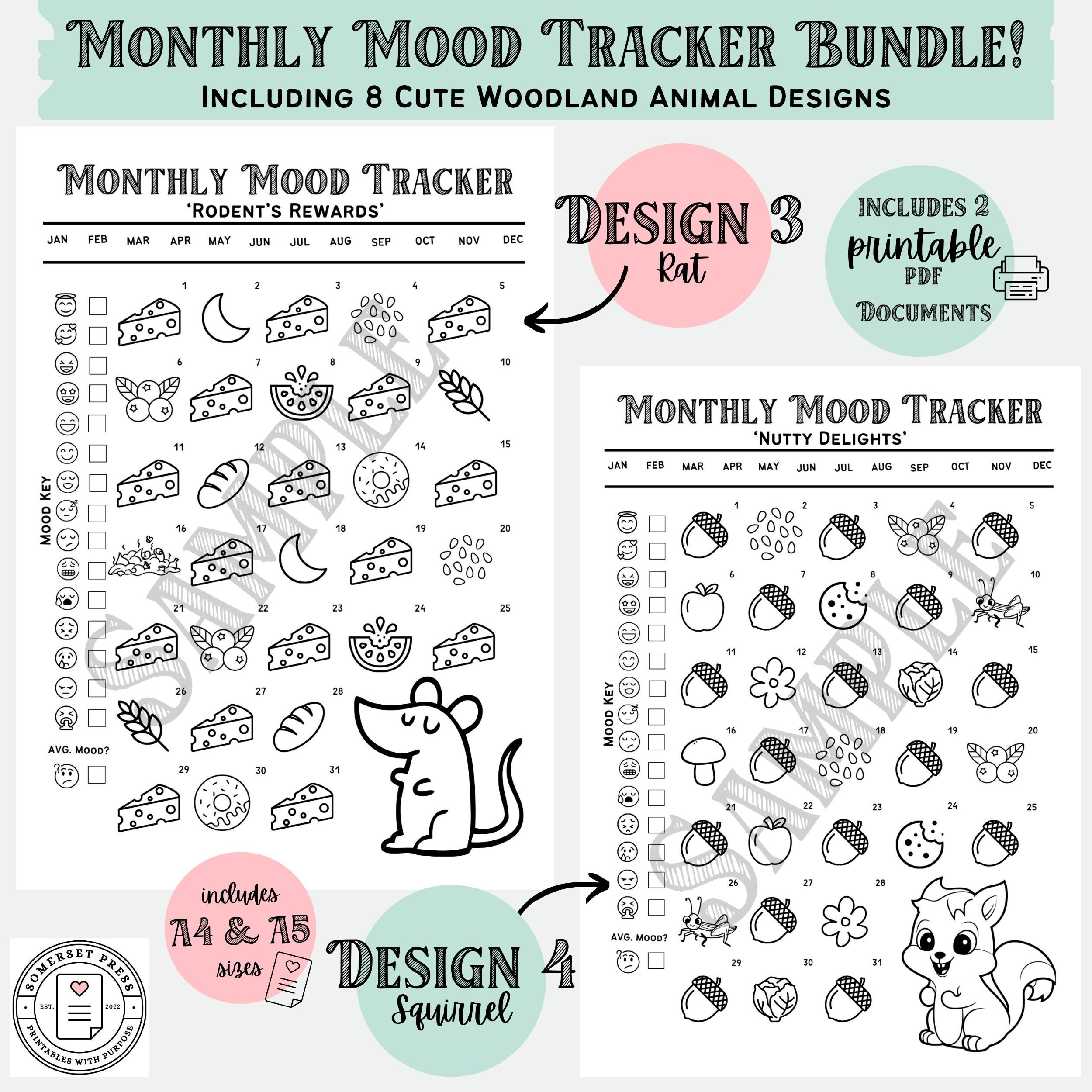 Cute Monthly Mood Tracker Printable Bujo Feelings Chart Undated Planner ...