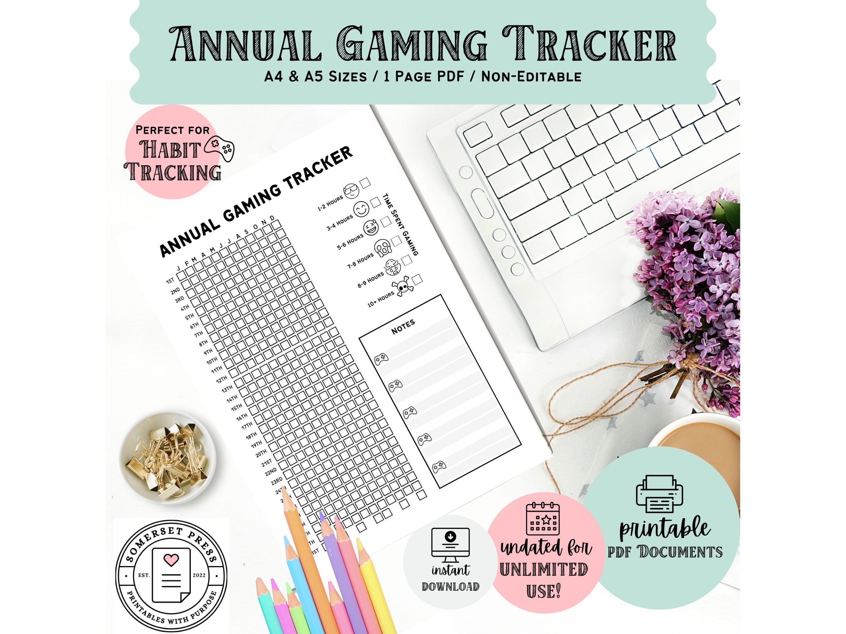 Annual Gaming Tracker Video Game Habit Tracker Printable Planner Yearly ...