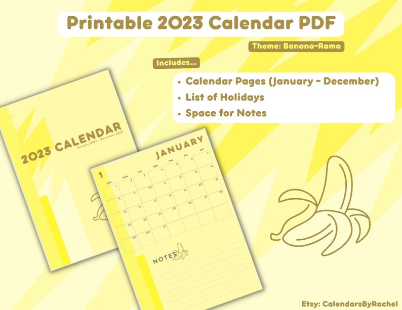 Printable PDF 2023 Calendar 12 Months: Banana-rama - Etsy