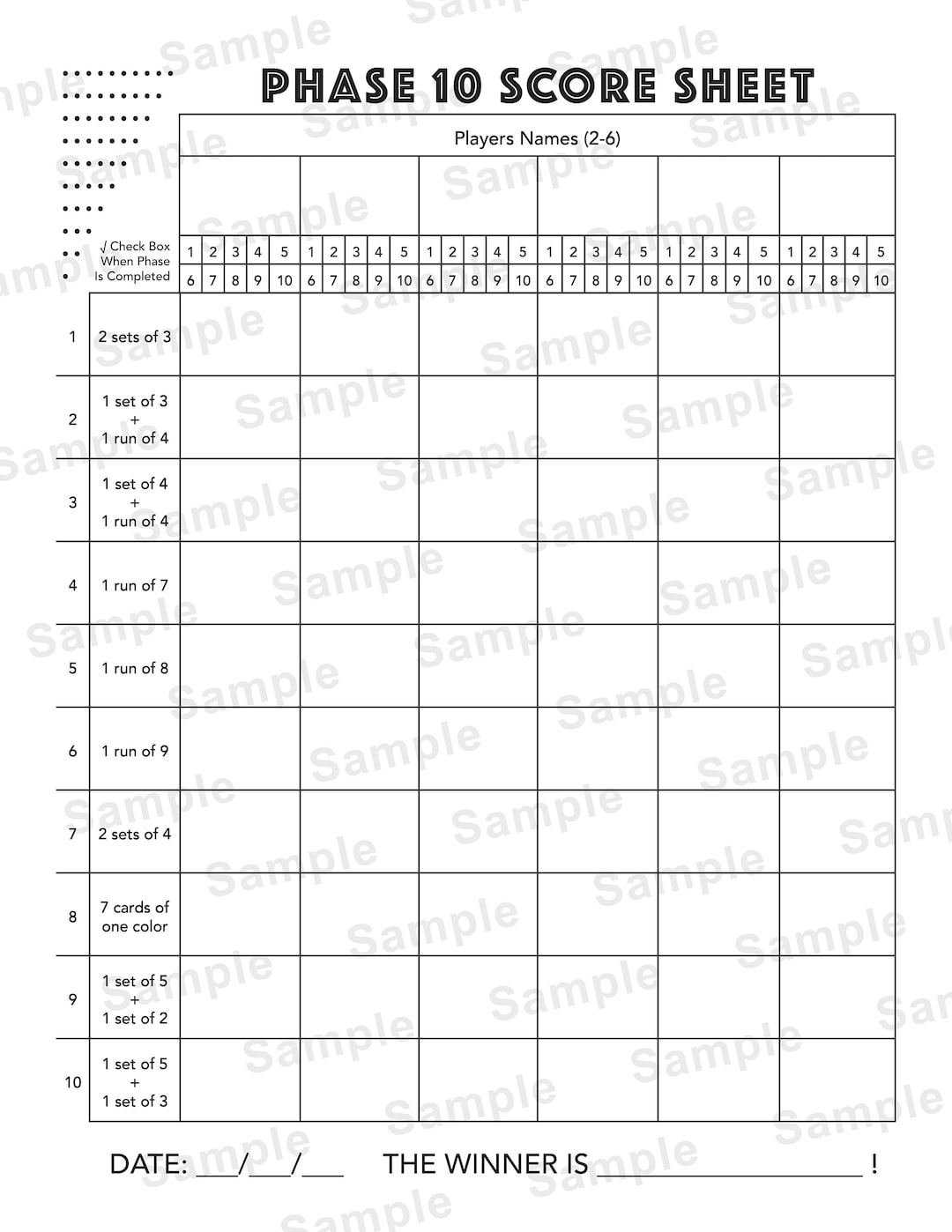 Phase 10 Game Sheet, Score Sheet Players 2-6, Game Night Printable ...