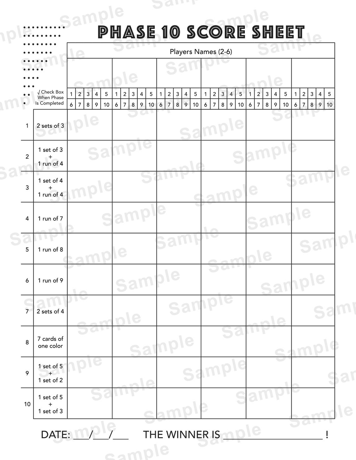 Phase 10 Game Sheet, Score Sheet Players 2-6, Game Night Printable ...