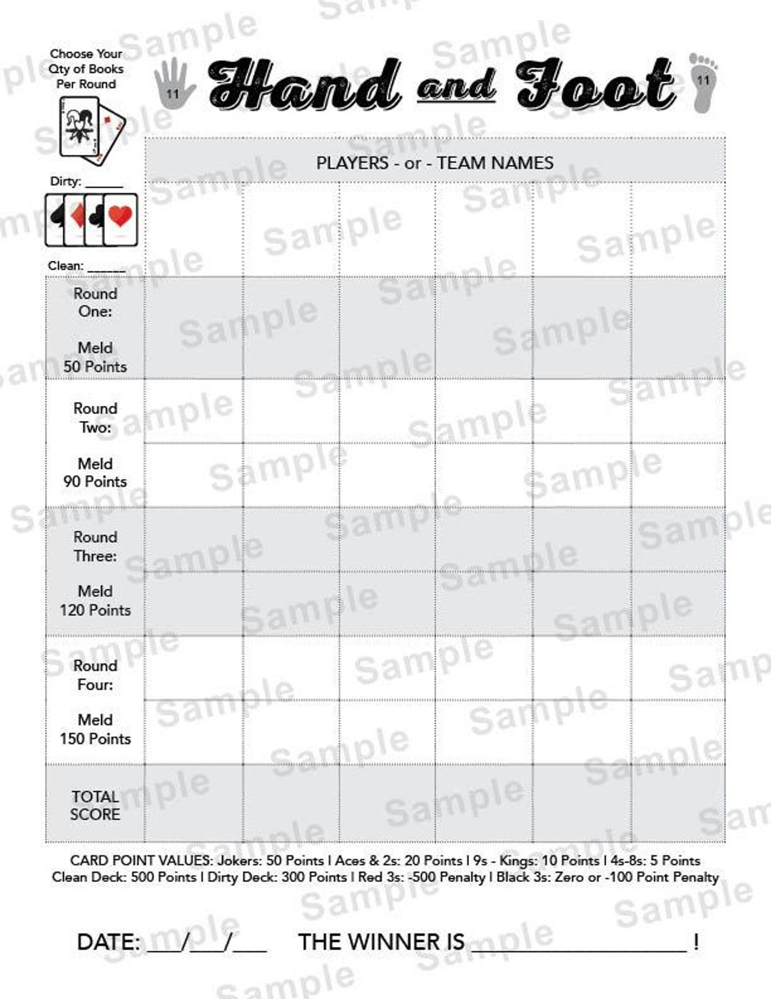 Hand&foot Game Sheet, Score Sheet Players 2-6, Game Night Printable ...