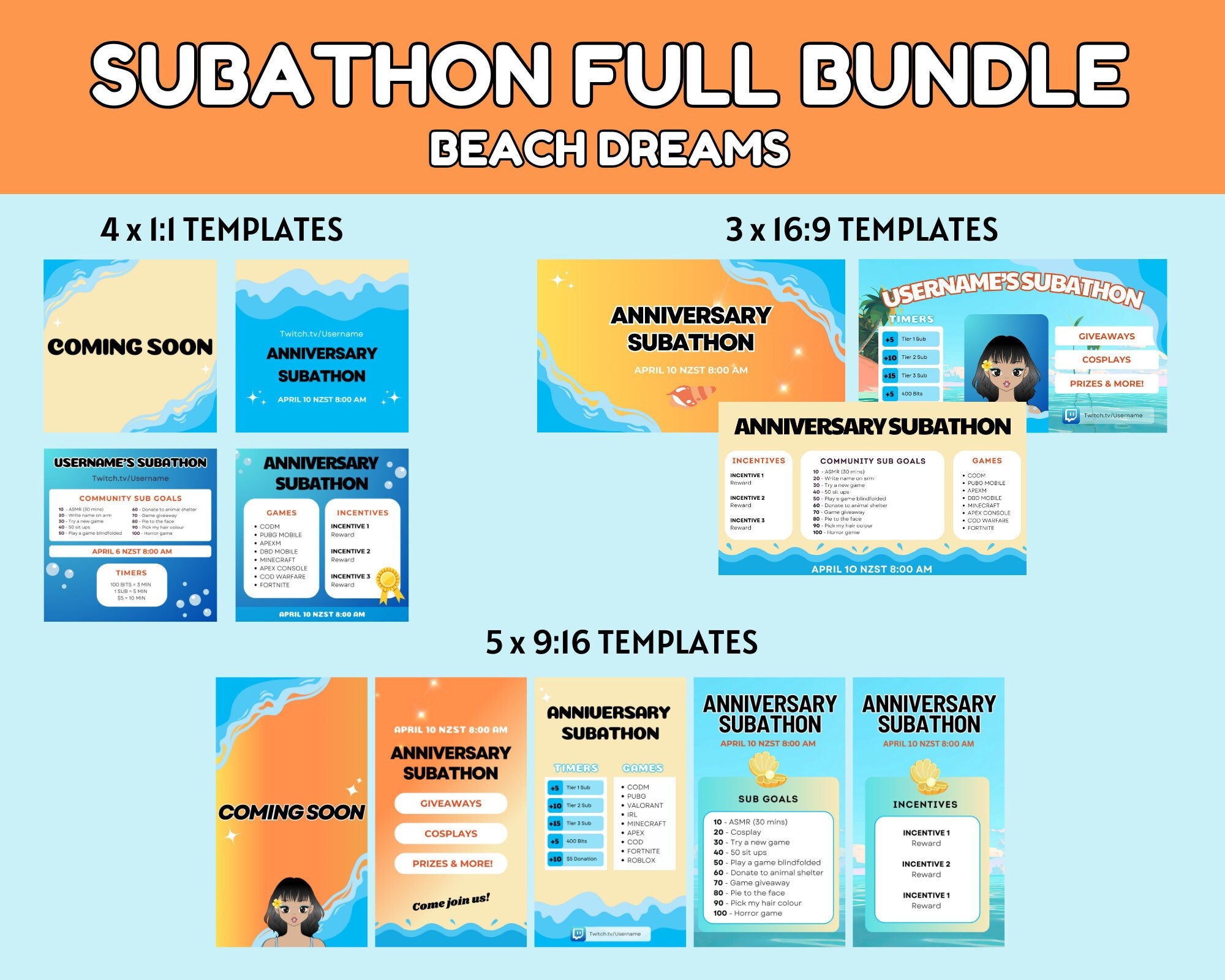 TWITCH SUBATHON Template Social Media Full Bundle - Beach Dreams ...