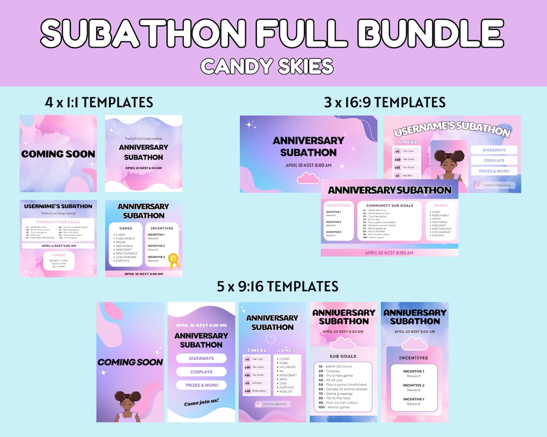 TWITCH SUBATHON Template Social Media Full Bundle - Candy Skies ...