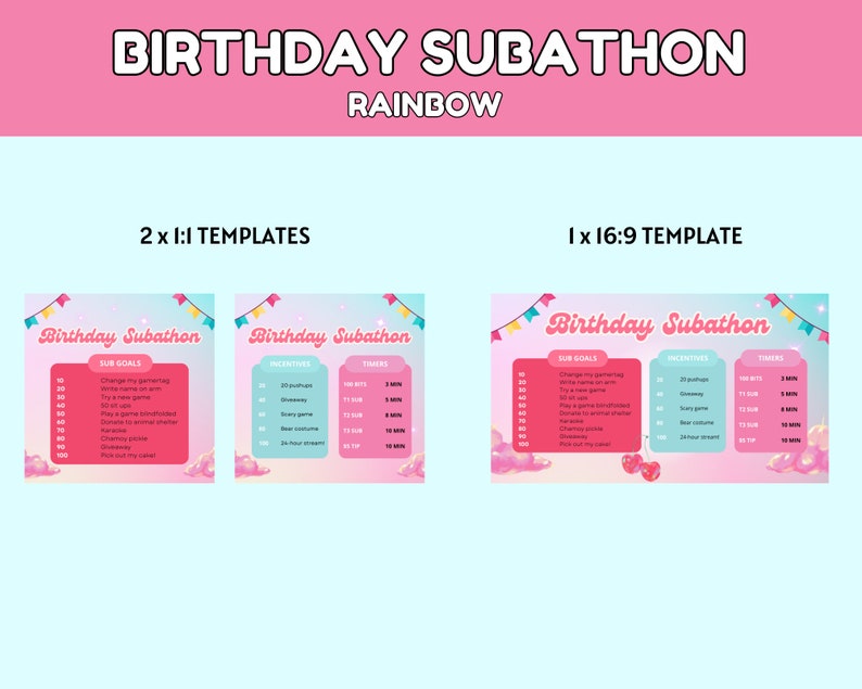 Birthday Subathon Template - Rainbow for Your Social Media! Cute ...
