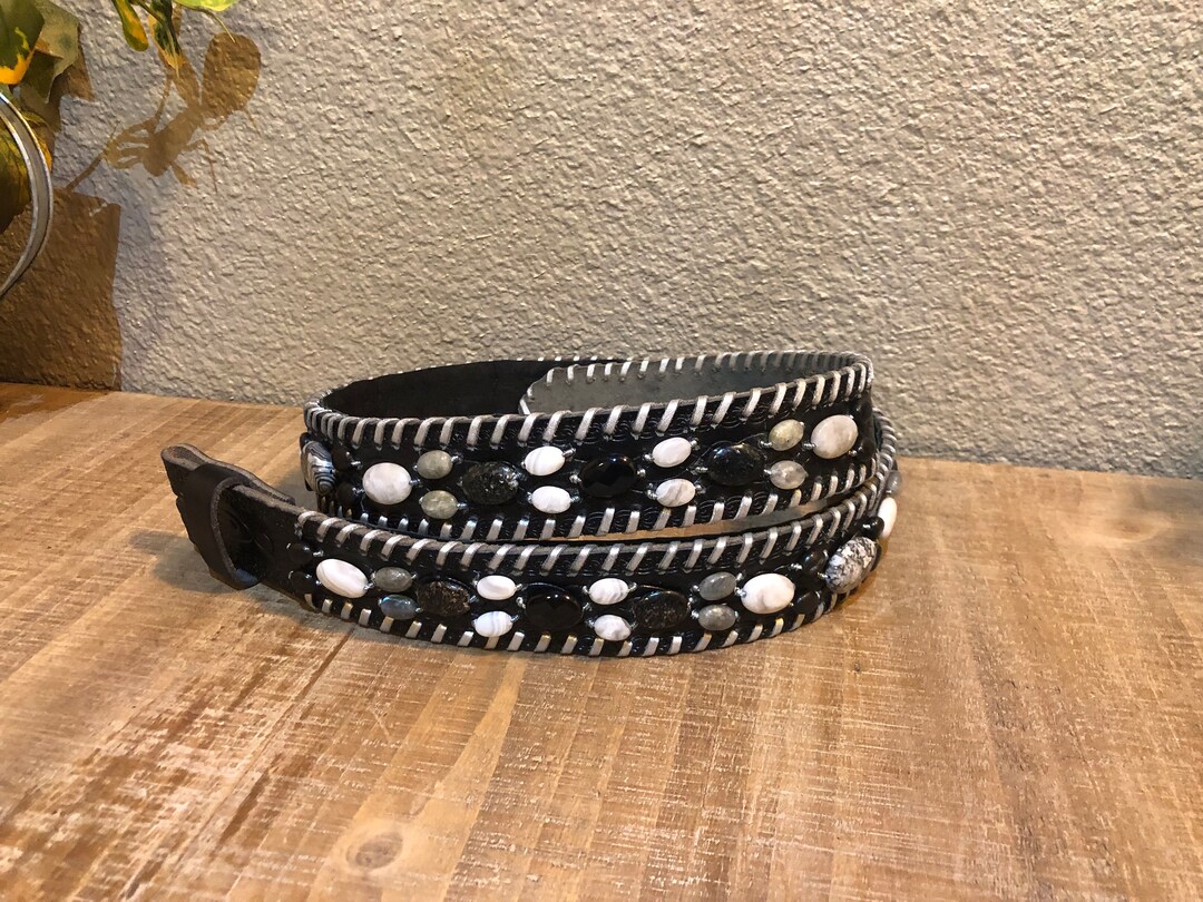 Lunar Eclipse – 38” Black Full Grain Leather Belt With Onyx, Marble ...
