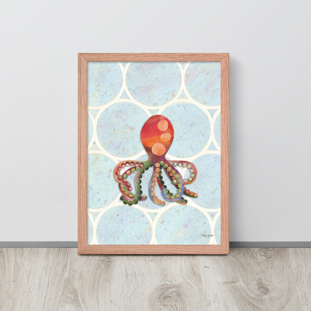 Octopus & Circles Art Print Painted Cut Paper Art, Ocean/sea Animal Art ...