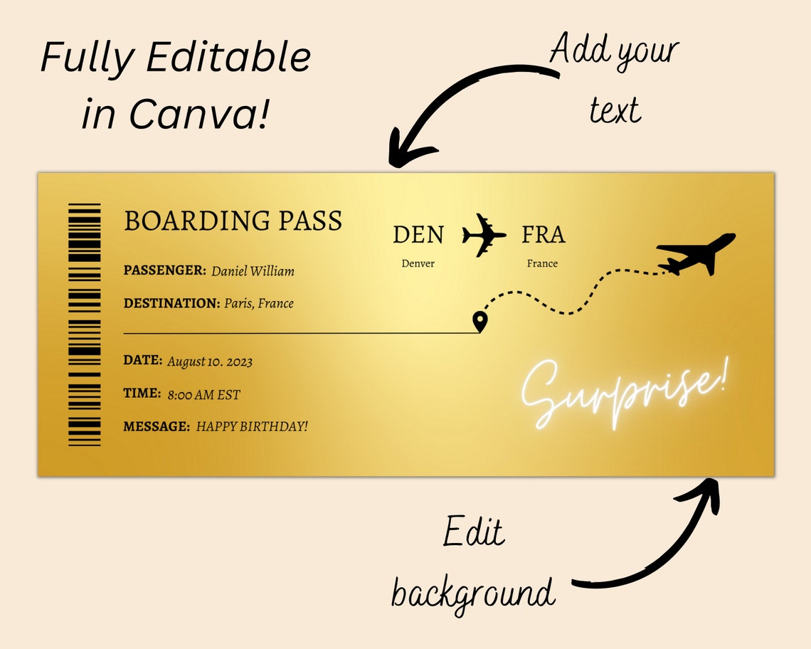 EDITABLE Golden Ticket Boarding Pass Canva Template | Printable Airline ...