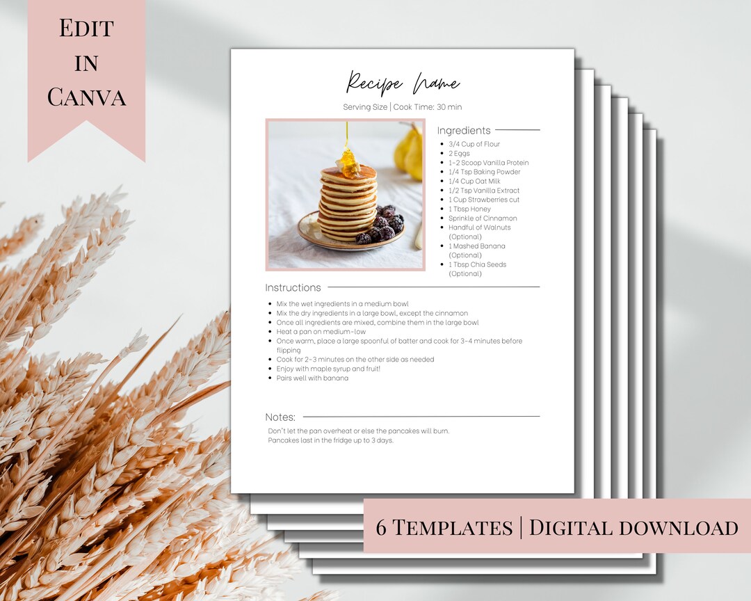 Editable Recipe Page Template Minimal Recipe Sheet Template - Etsy
