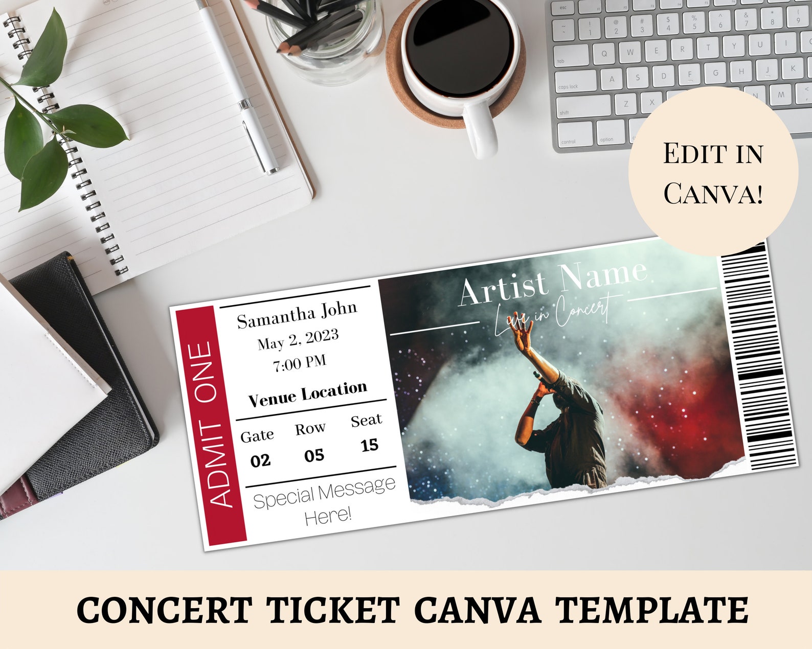 EDITABLE Concert Ticket Canva Template | Customizable Ticket Gift ...