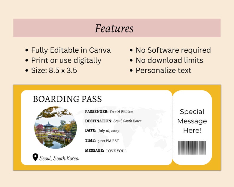 EDITABLE Boarding Pass- Special Message Canva Template | Personalized ...