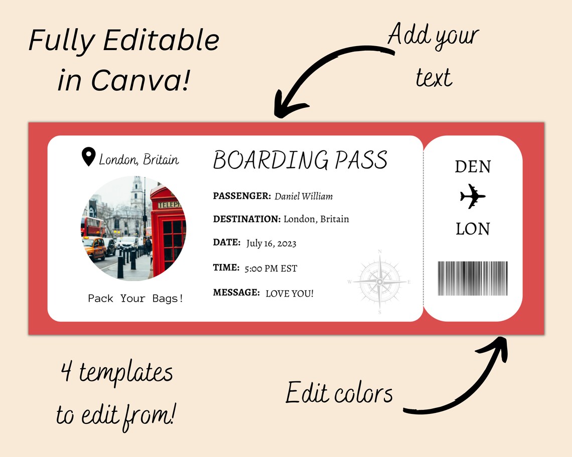 EDITABLE Boarding Pass Canva Template | Printable Airline Ticket ...