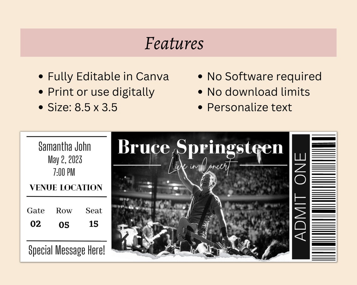 Editable Concert Ticket Canva Template Music Concert Event Ticket ...