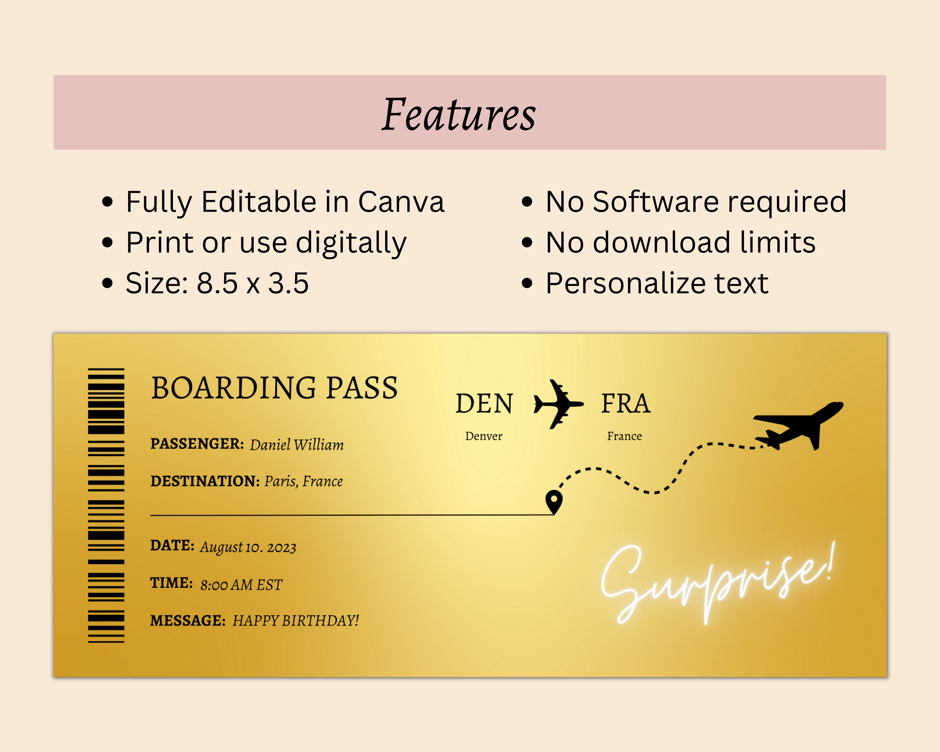 EDITABLE Golden Ticket Boarding Pass Canva Template | Printable Airline ...