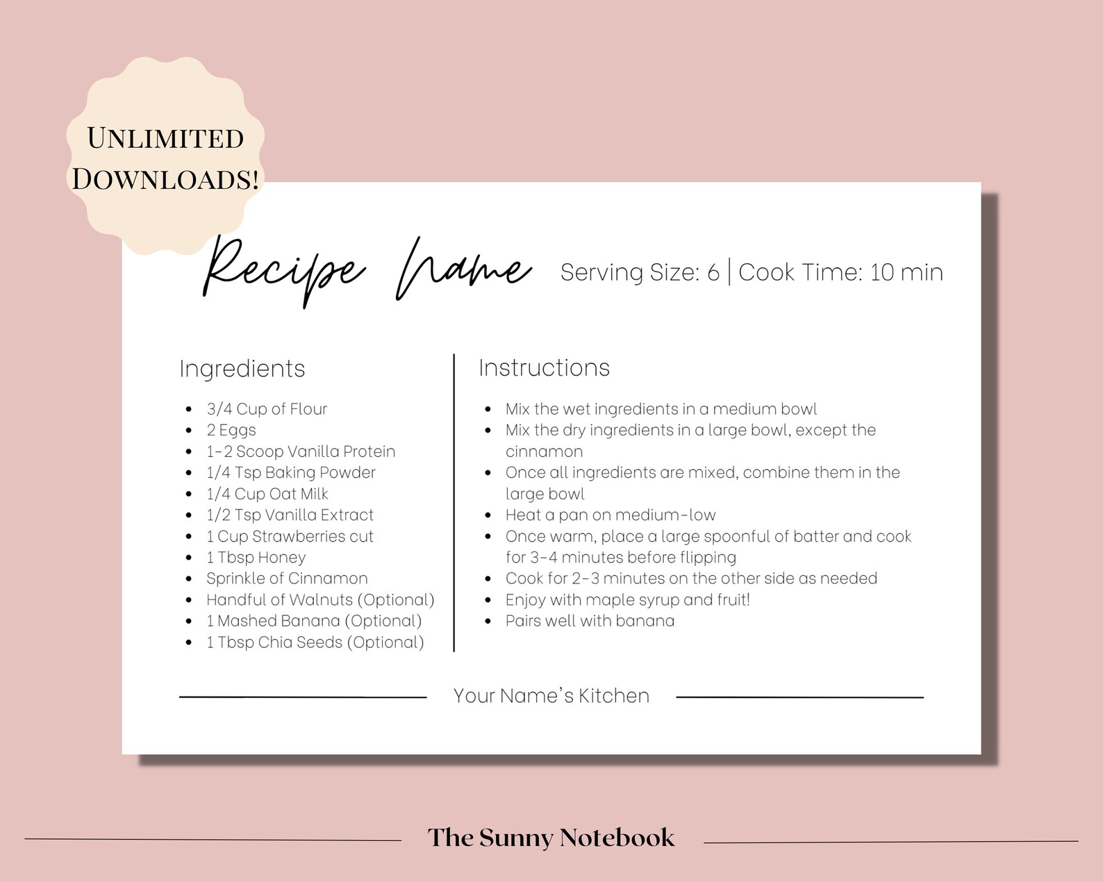Clean Simple Recipe Template | Classic Recipe Card | Digital Recipe ...
