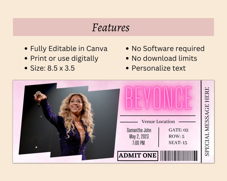 EDITABLE Concert Ticket Canva Template | Printable Event Ticket | Custom Concert Ticket ...