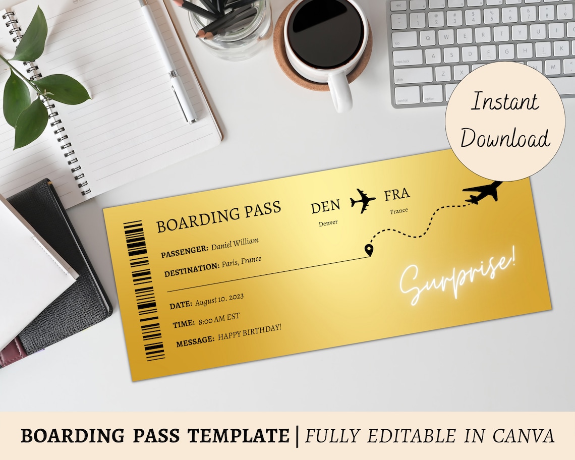 EDITABLE Golden Ticket Boarding Pass Canva Template | Printable Airline ...