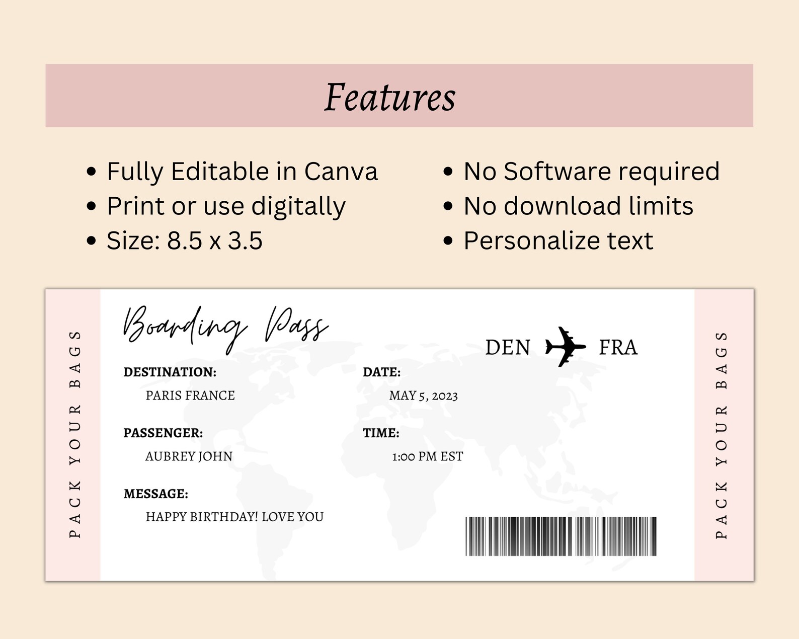 EDITABLE Boarding Pass- Pack Your Bags Canva Template | Printable ...
