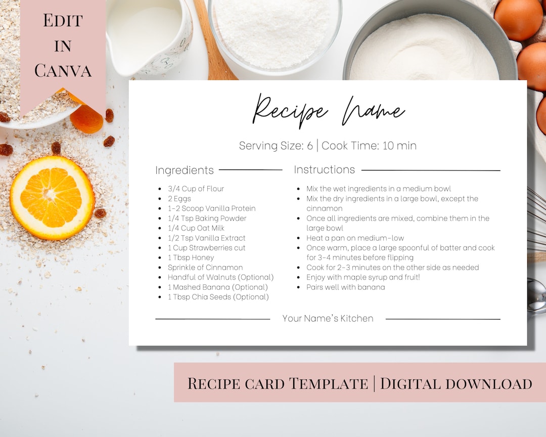 Minimal Recipe Card Template | Simple Editable Recipe Card | Printable ...