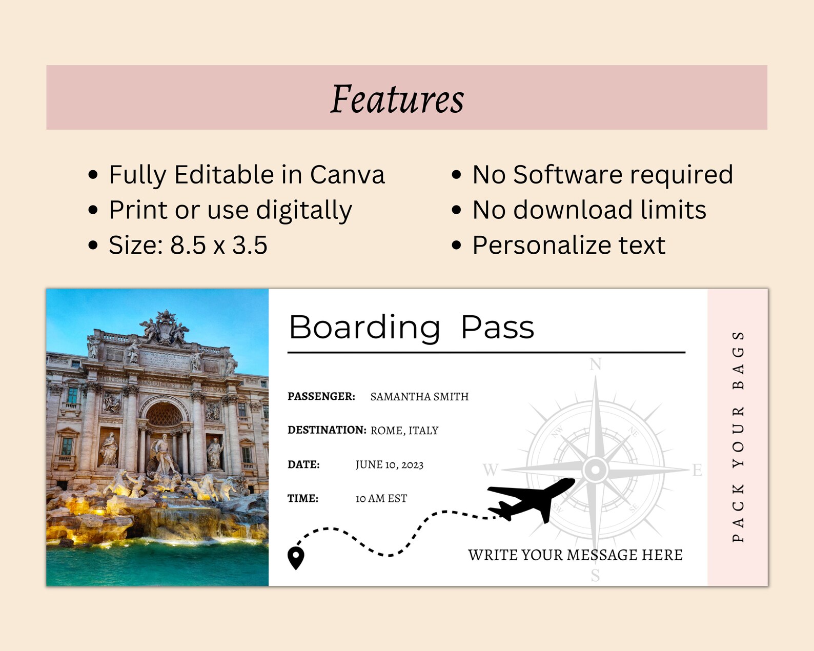 EDITABLE Boarding Pass W/image Canva Template | Printable Custom Ticket ...
