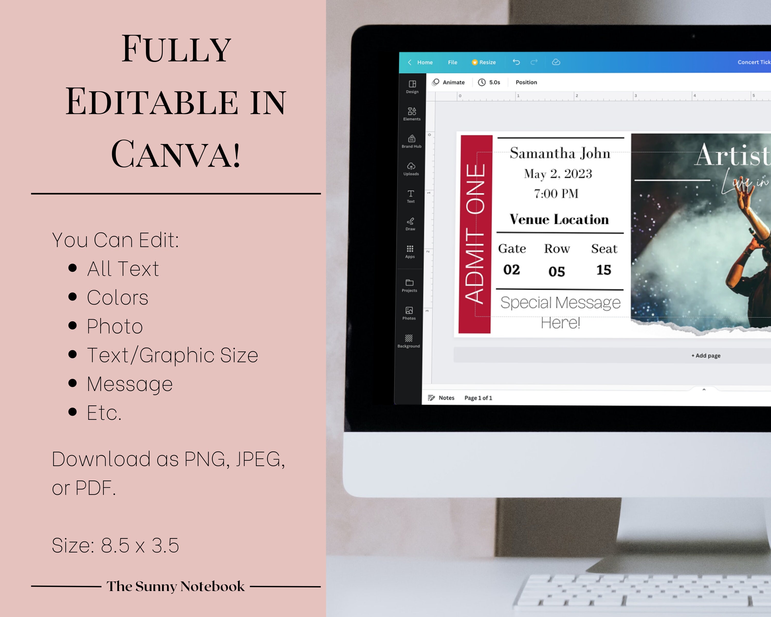 EDITABLE Concert Ticket Canva Template Customizable Ticket Gift ...