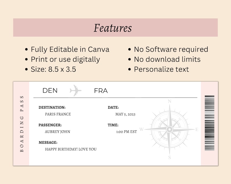 EDITABLE Plane Ticket Canva Template | Printable Fake Airplane Ticket ...