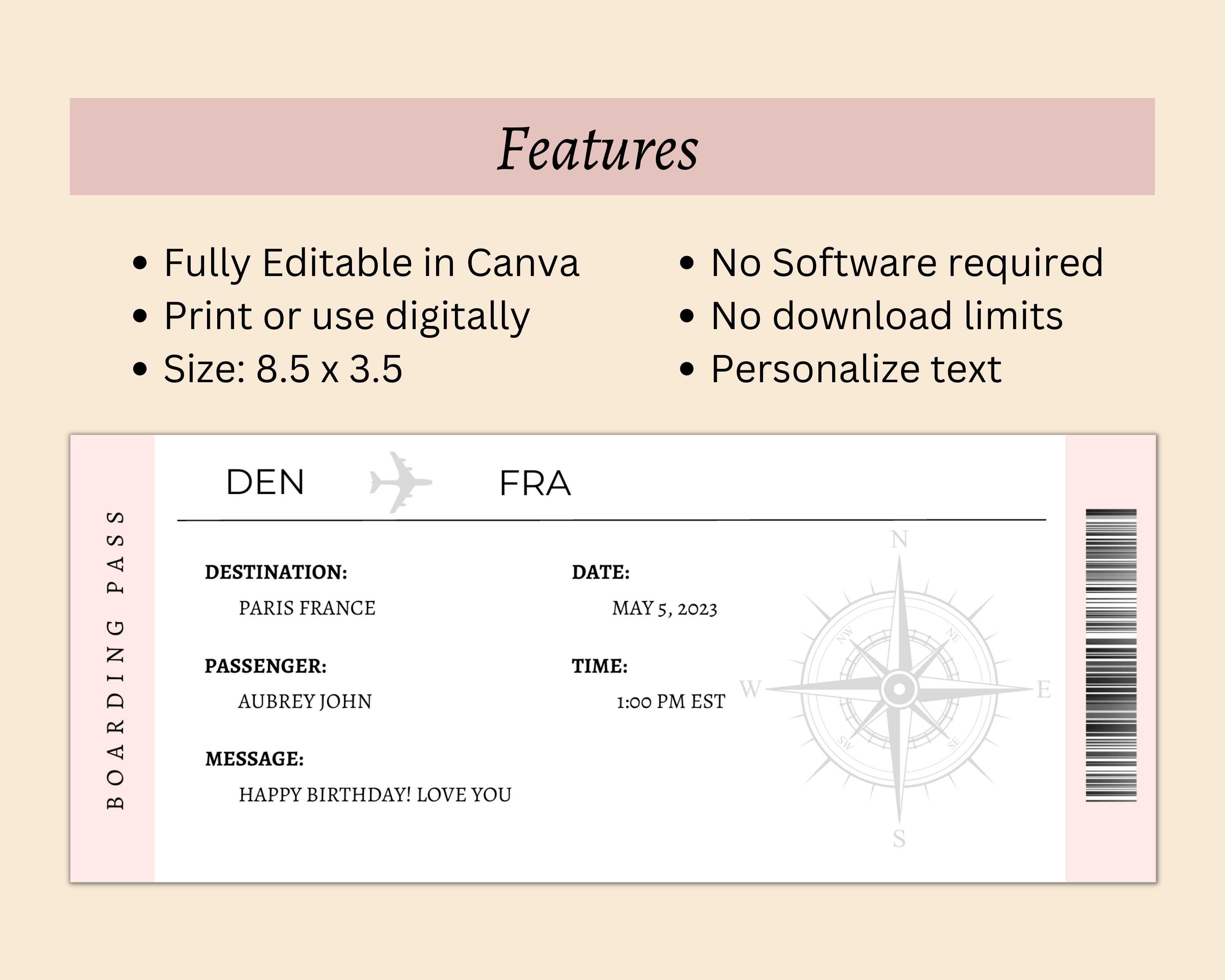 EDITABLE Plane Ticket Canva Template | Printable Fake Airplane Ticket ...