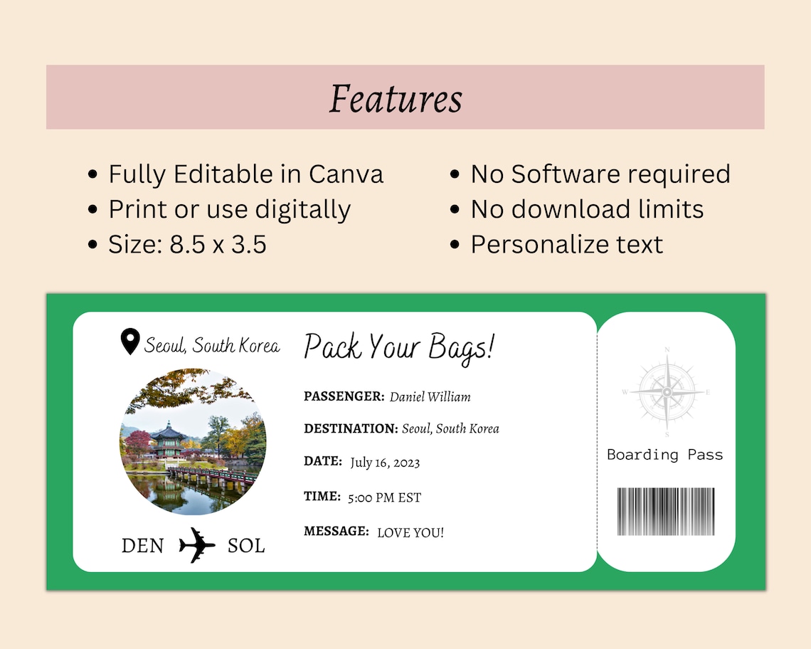 EDITABLE Pack Your Bags Canva Template Printable Airline - Etsy