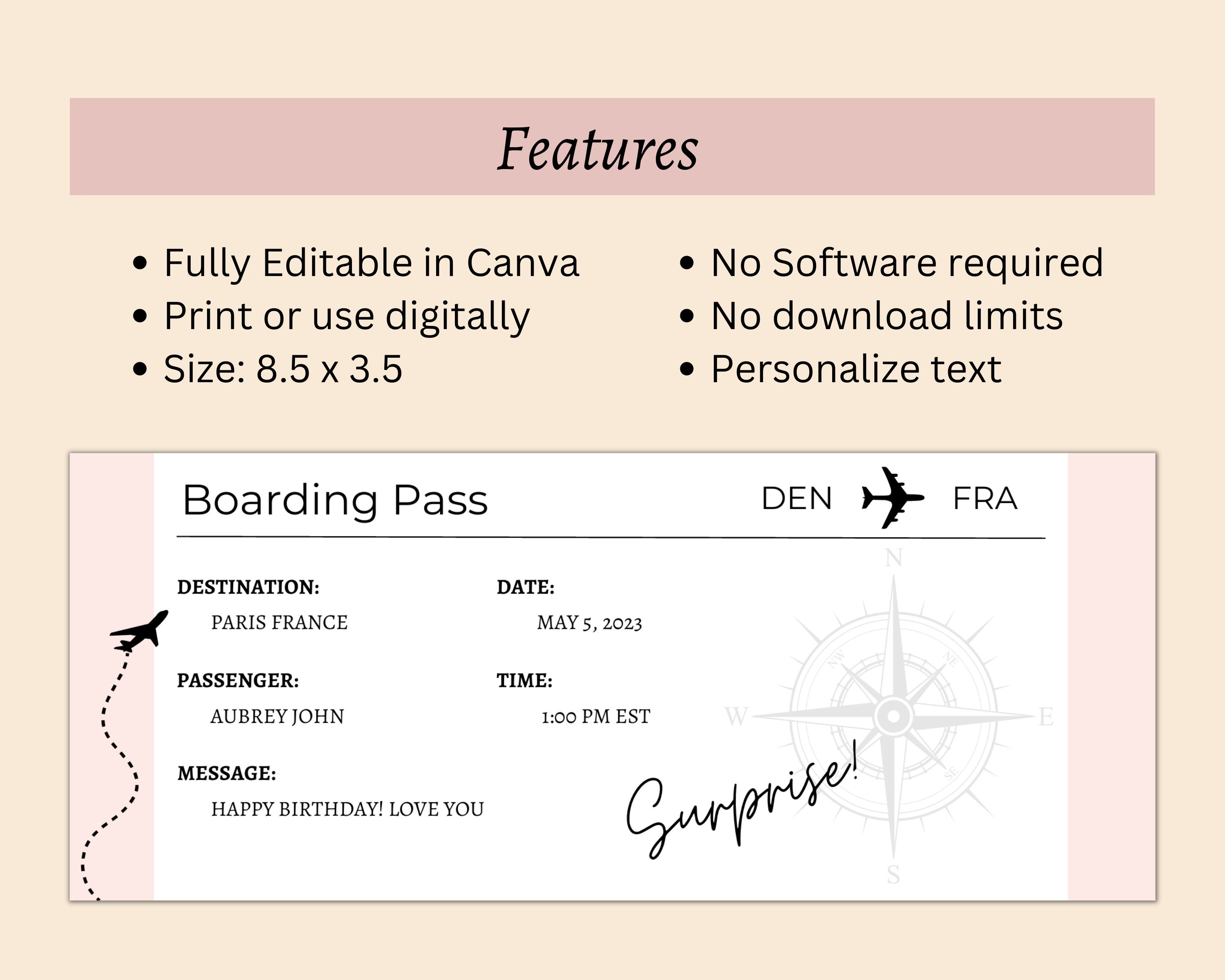 EDITABLE Compass Boarding Pass Canva Template | Compass Ticket ...