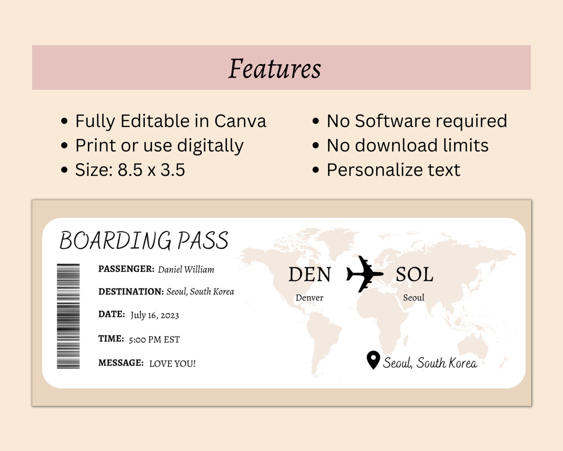 Minimal Downloadable Boarding Pass | Editable Printable Plane Ticket ...