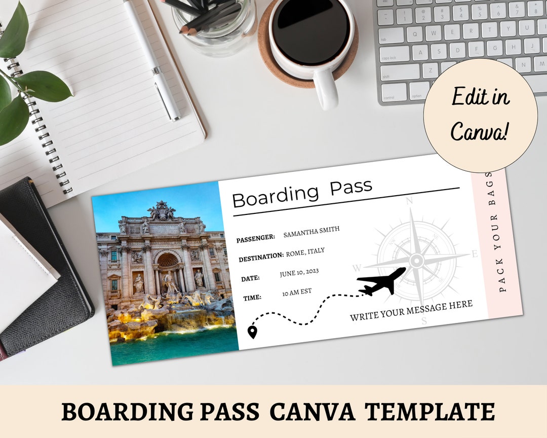 EDITABLE Boarding Pass W/image Canva Template | Printable Custom Ticket ...
