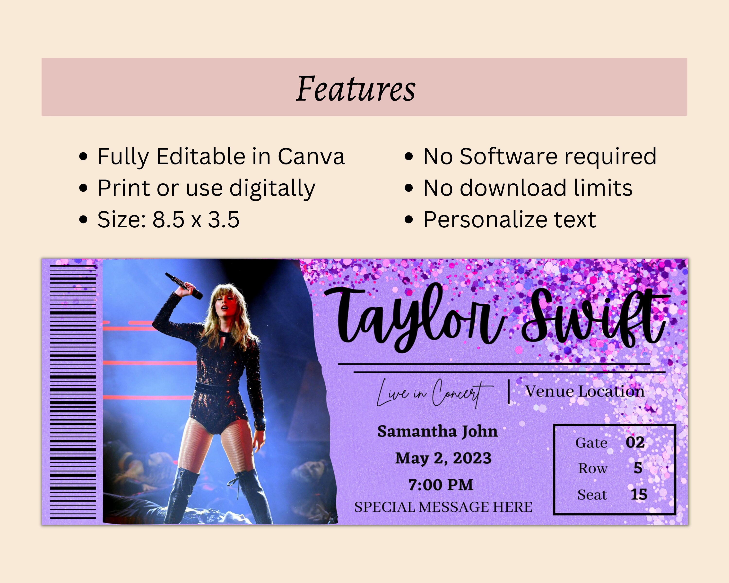 EDITABLE Concert Ticket Canva Template | Printable Concert Ticket ...