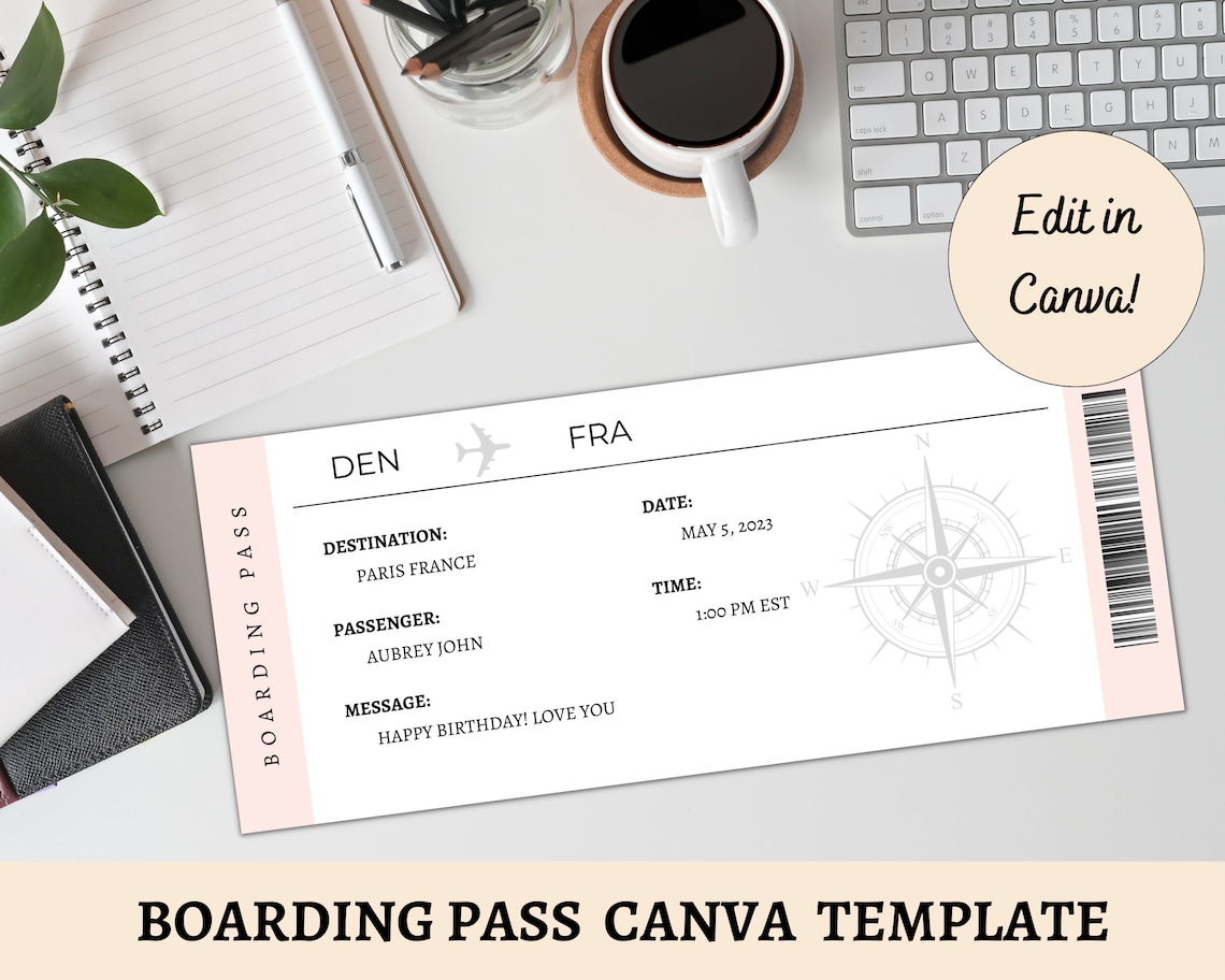 EDITABLE Plane Ticket Canva Template | Printable Fake Airplane Ticket ...