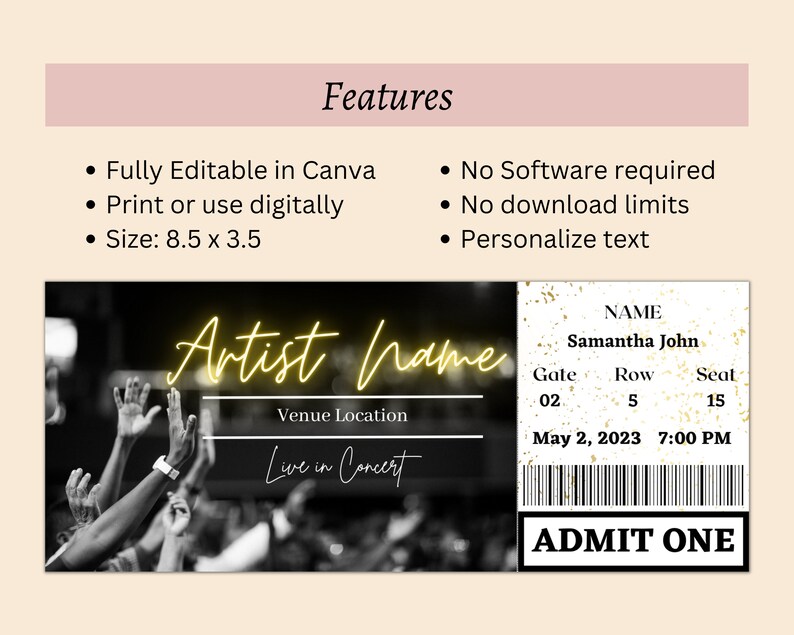 EDITABLE Concert Ticket Template | Customize in Canva | Concert Ticket ...