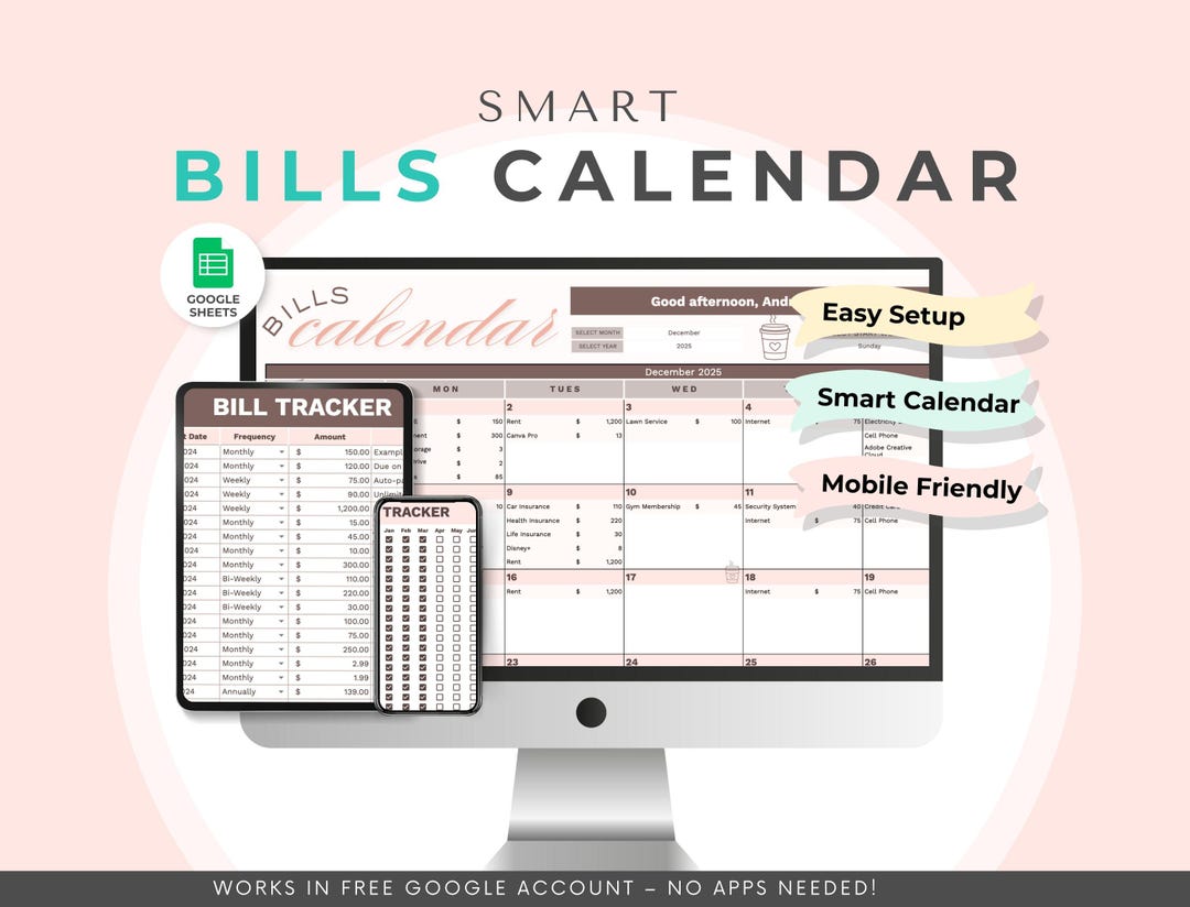 Smart Bill Calendar Spreadsheet, Monthly Payment Tracker, Automated ...