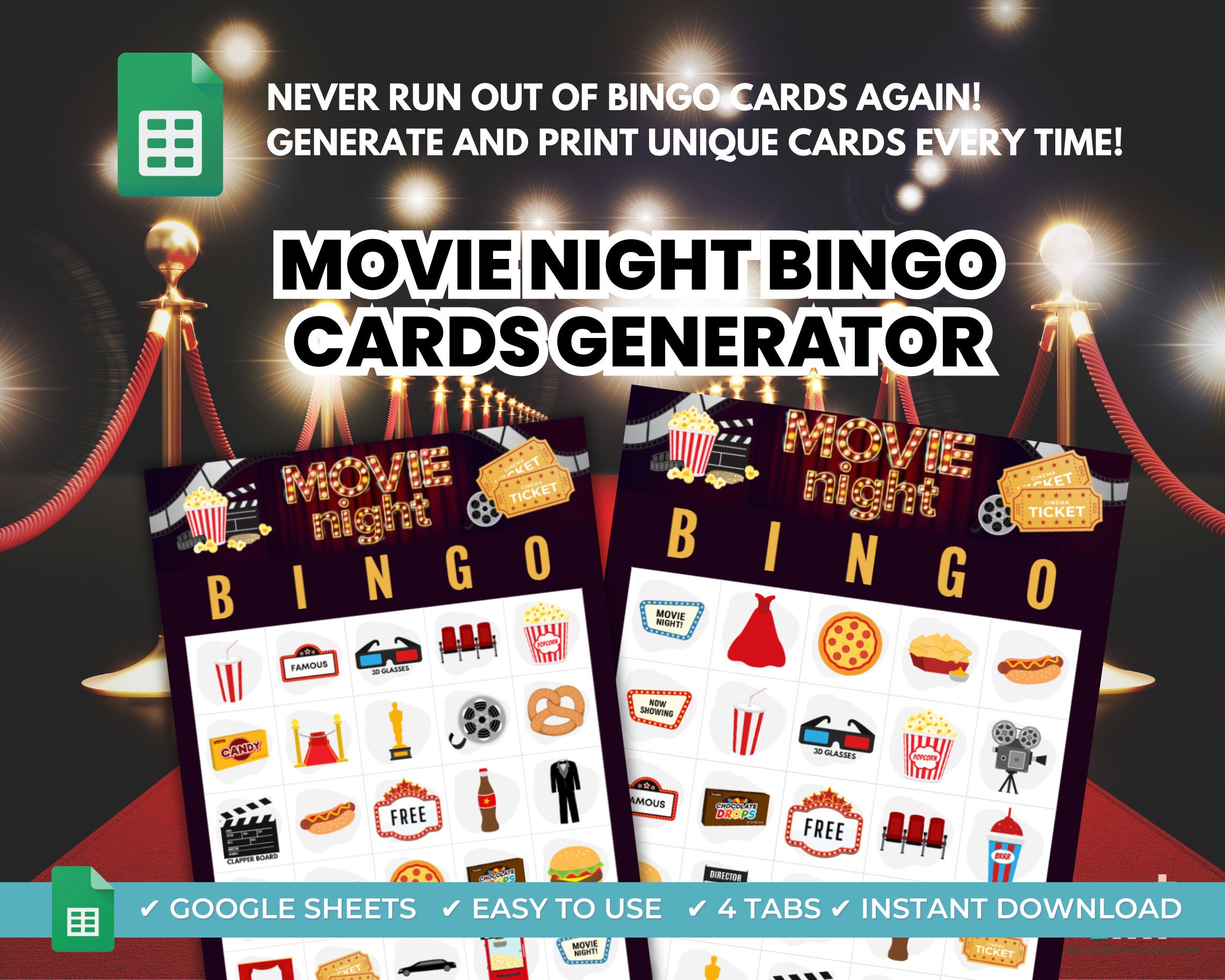 Movie Night Bingo Card Generator, Bingo, Printable Bingo, Bingo Game ...