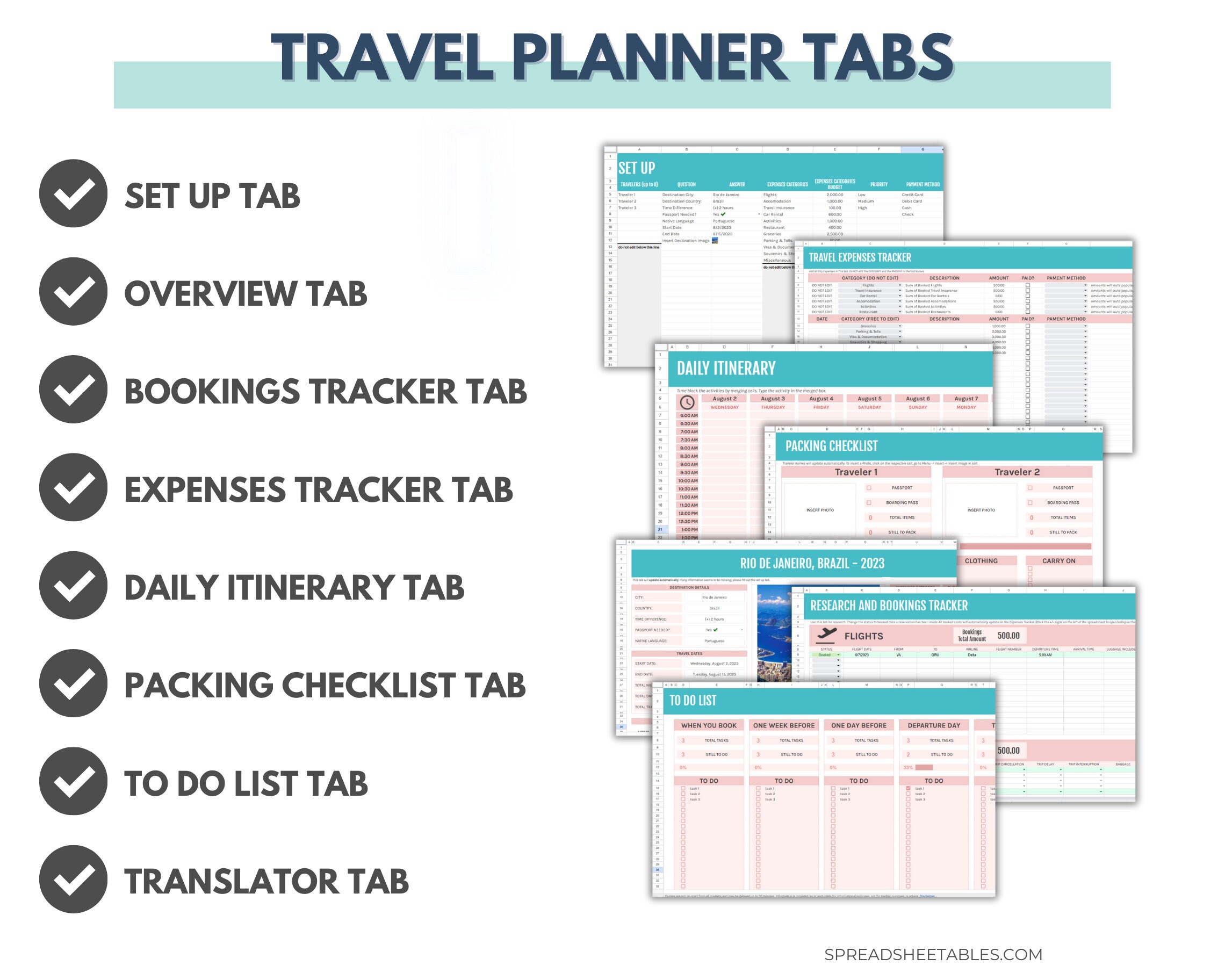 Travel Planner Spreadsheet, Summer and Holiday Road Trips, With Packing ...