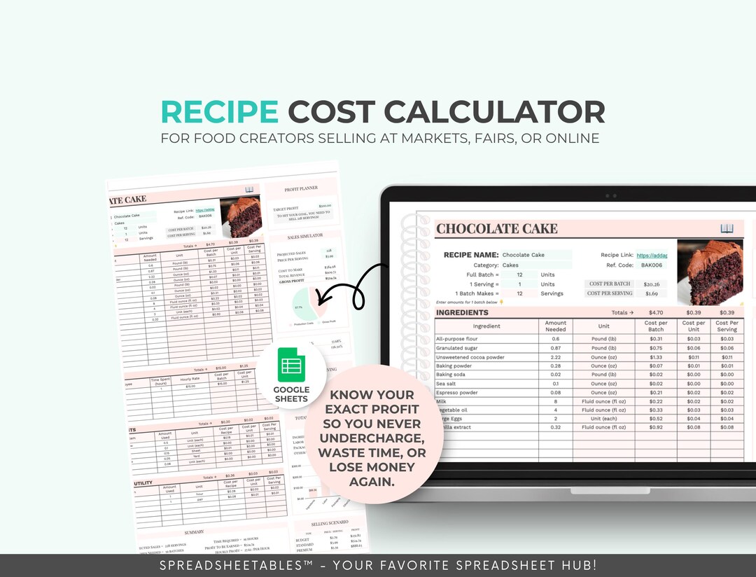 Recipe Cost Calculator Spreadsheet, Pricing Baked Goods Tracker for ...