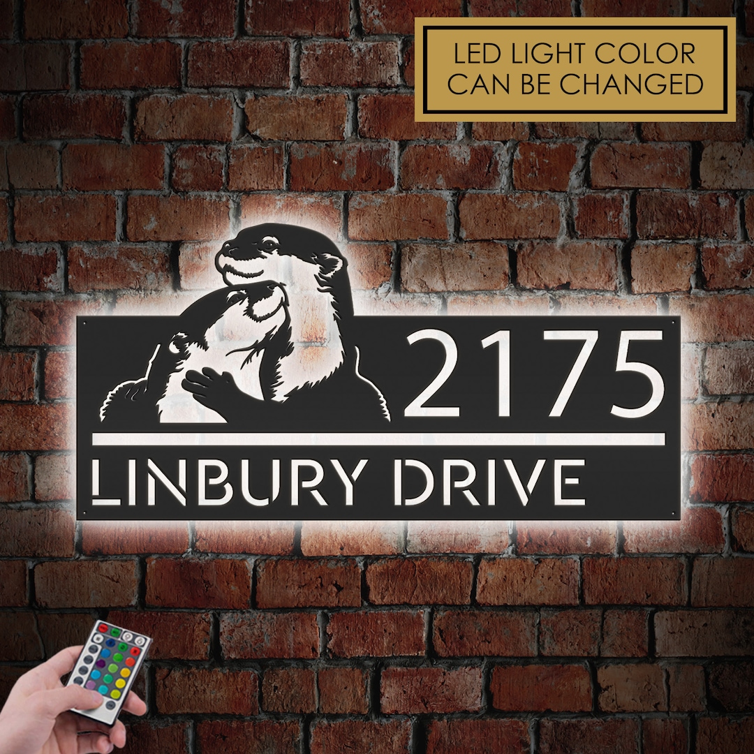 Personalized Cute Otters Couple Metal Address Sign With LED Lights ...