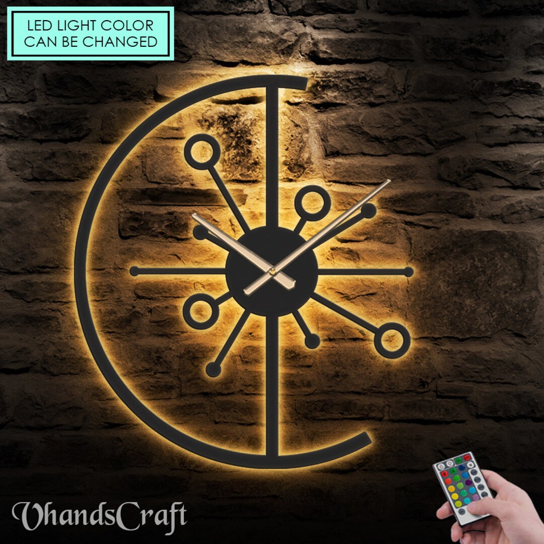 Black Large Geometric Metal Wall Clock LED Lights, Modern Silent Wall ...