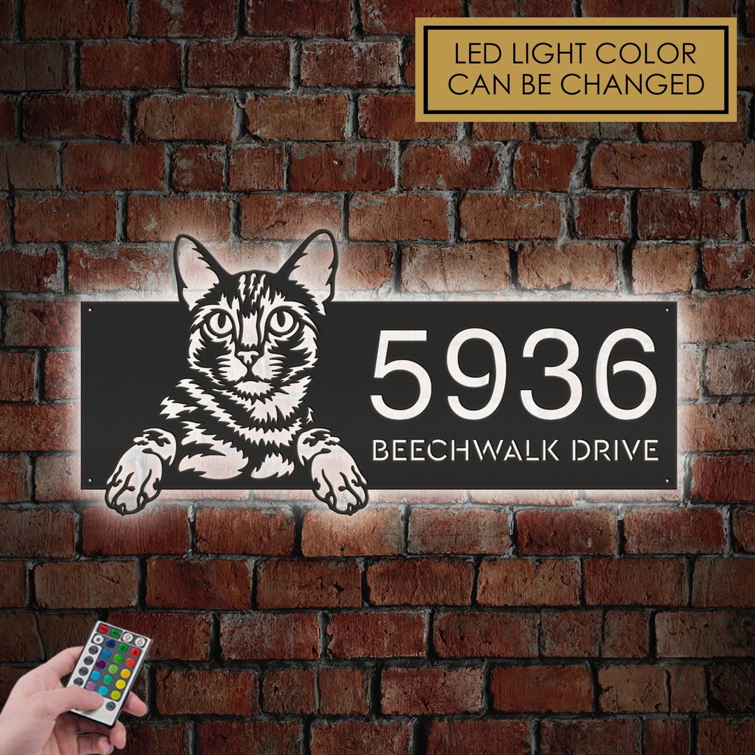 Personalized Peeking Bengal Cat Metal Address Sign With LED Lights ...