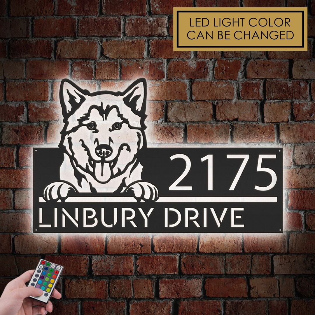 Personalized Peeking Husky Dog, Cute Puppy Metal Address Sign With LED ...