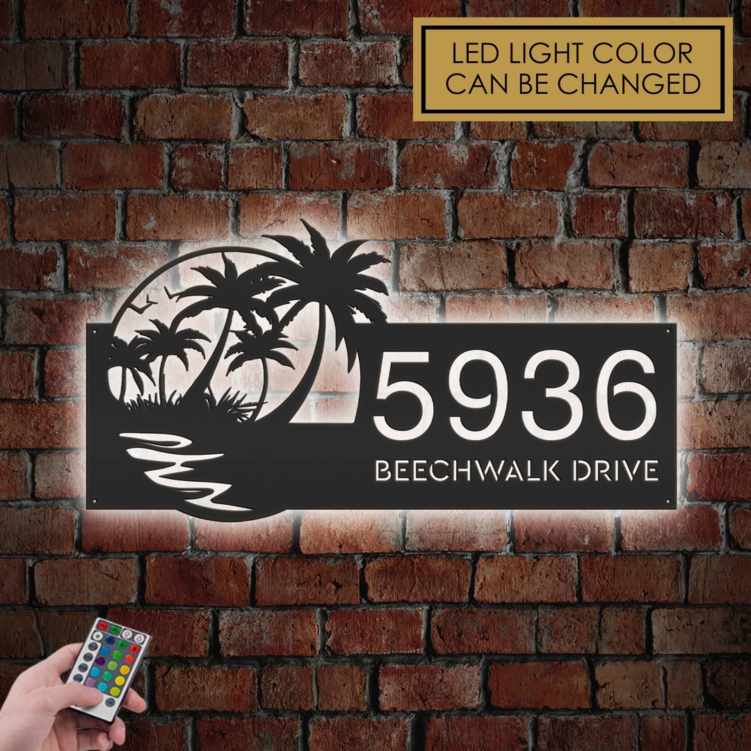 Personalized Beach Scene Palm Tree Metal Address Sign With LED Lights ...