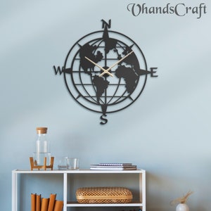 Black Large Compass Globe World Map Metal Wall Clock LED Lights, Modern ...