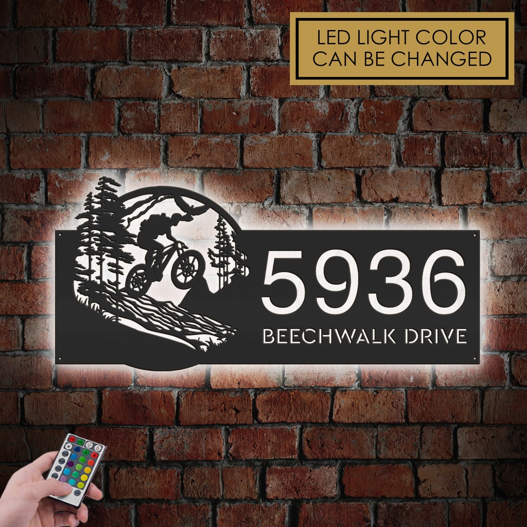 Personalized Mountain Bike Biker MTB Metal Address Sign With LED Lights ...