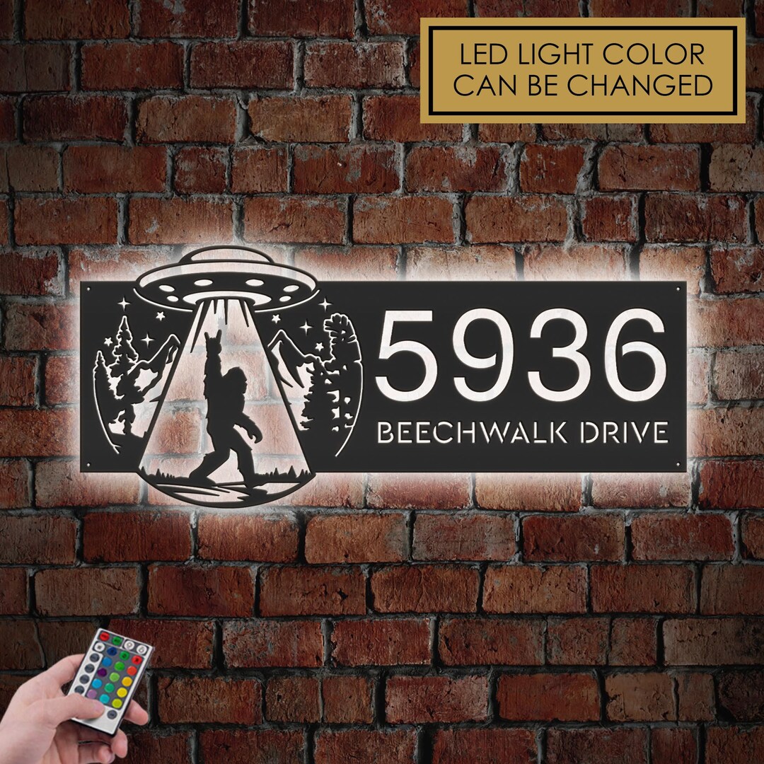 Personalized Bigfoot UFO Metal Address Sign With LED Lights House ...