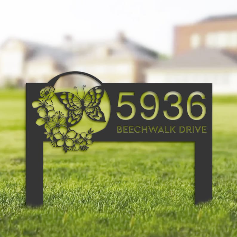Personalized Butterfly Flowers Metal Address Sign | Hanging or Stake - Etsy