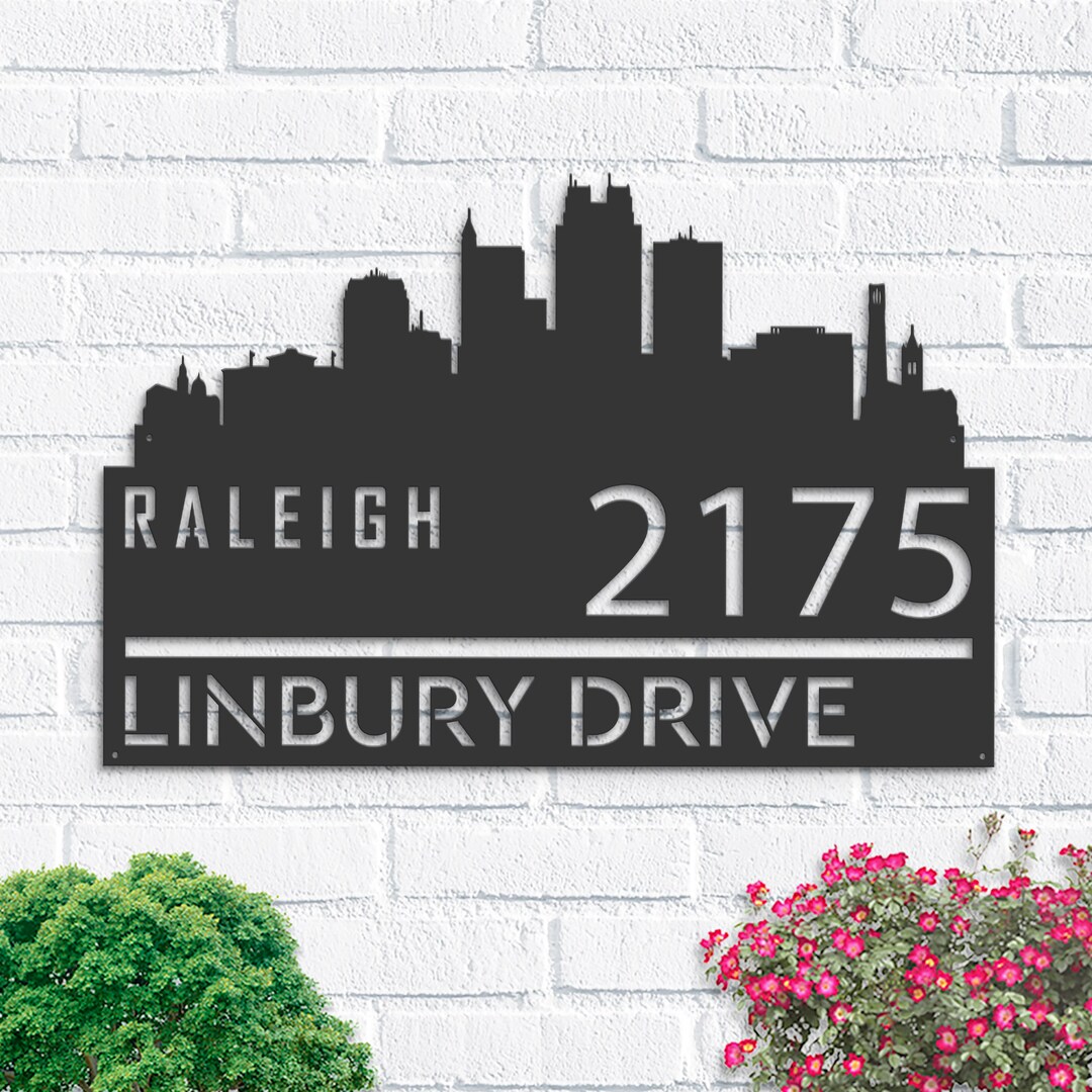 Personalized Metal Address Sign: Raleigh Skyline, House Number Plaque ...